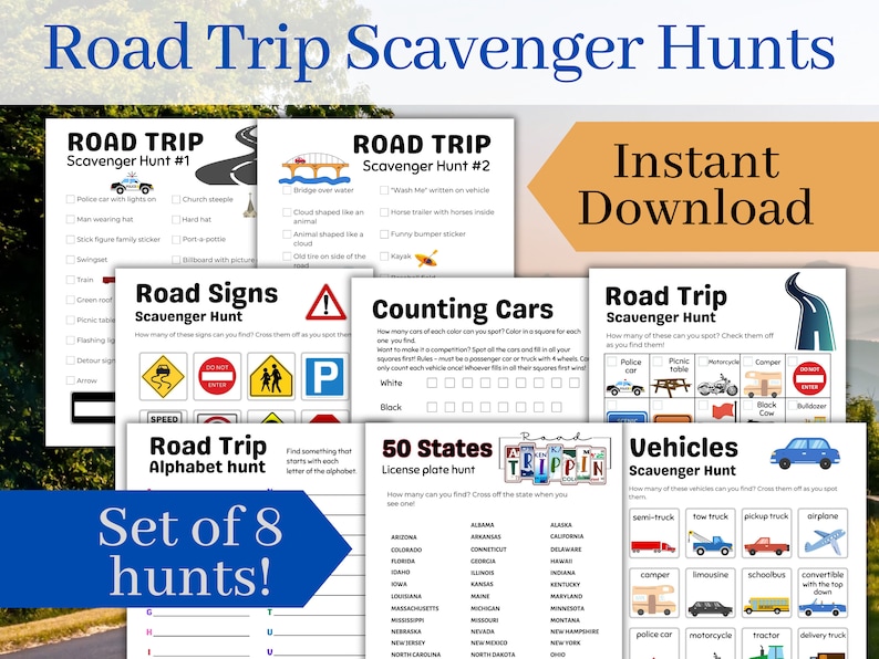 Road Trip Scavenger Hunt, Printable Road Trip Games Set of 8 Kids Games ...