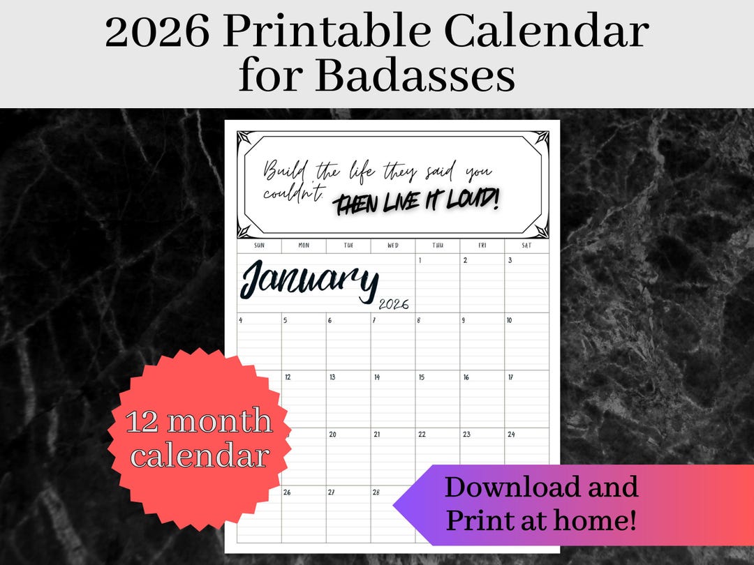 Printable 2026 Monthly Calendar for Badass Babes, Salty Funny ...