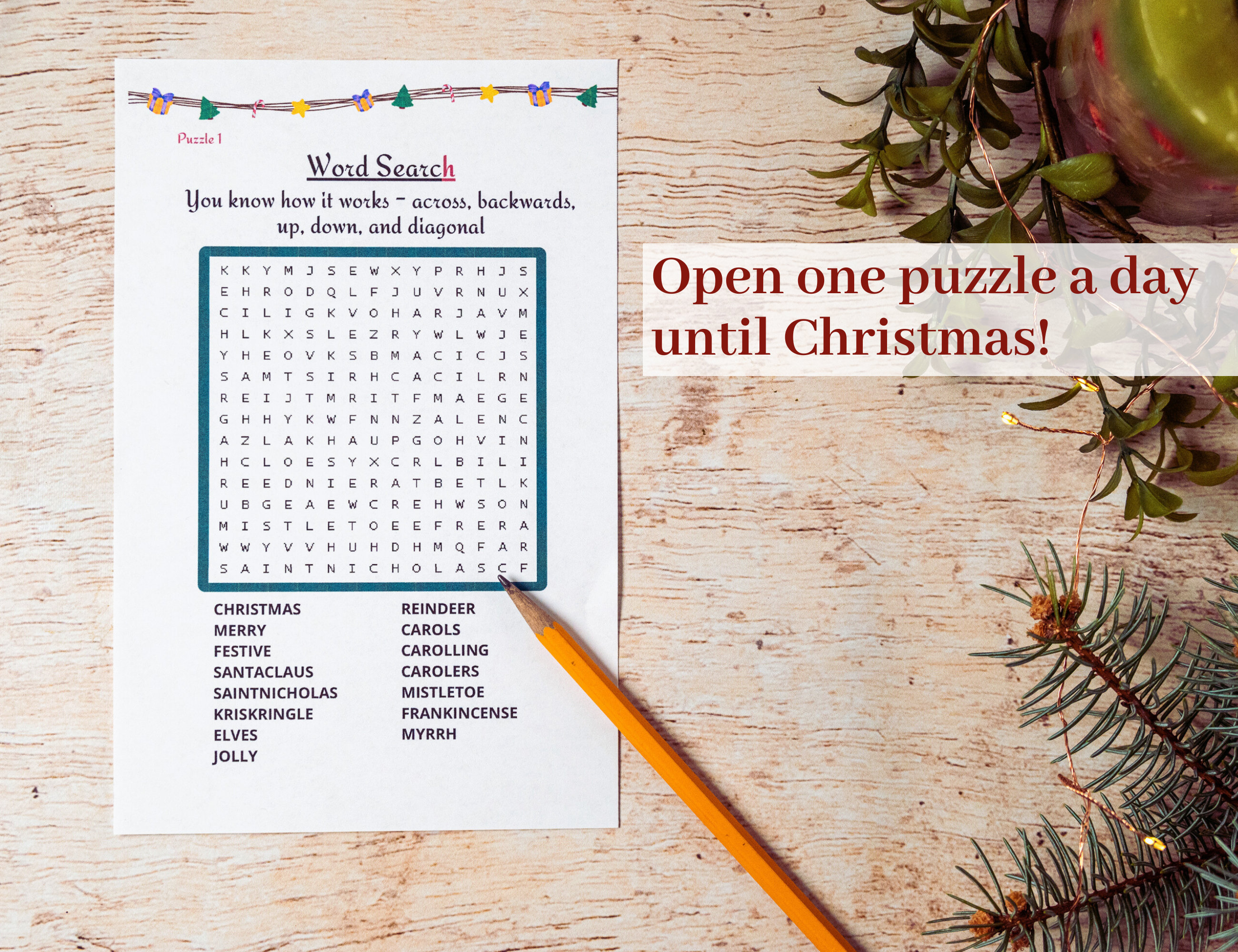 Printable Advent Calendar for Kids Teens Family With Christmas Word ...