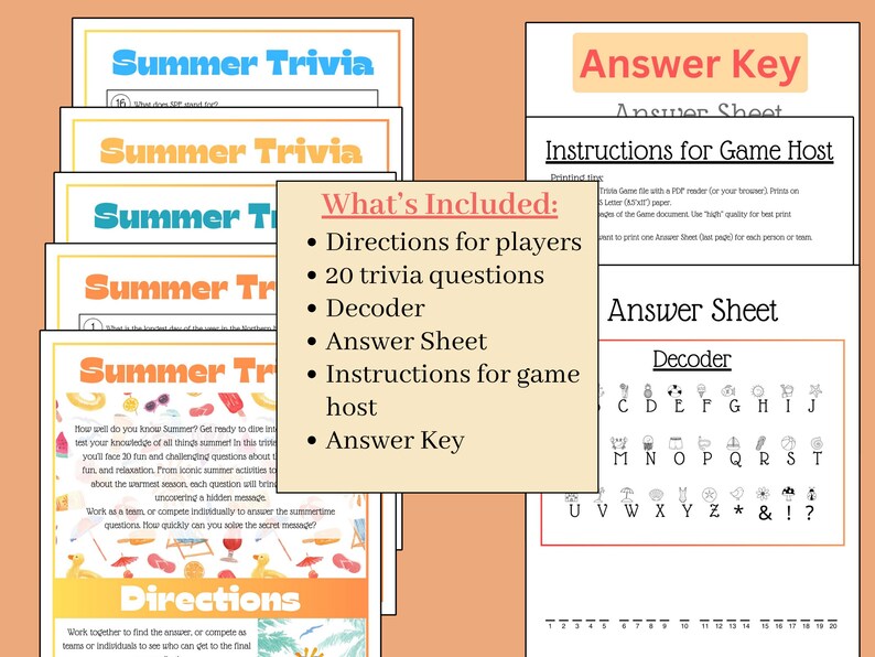 Summer Trivia Game Printable Party Game for Tweens Teens Adults, Summer ...