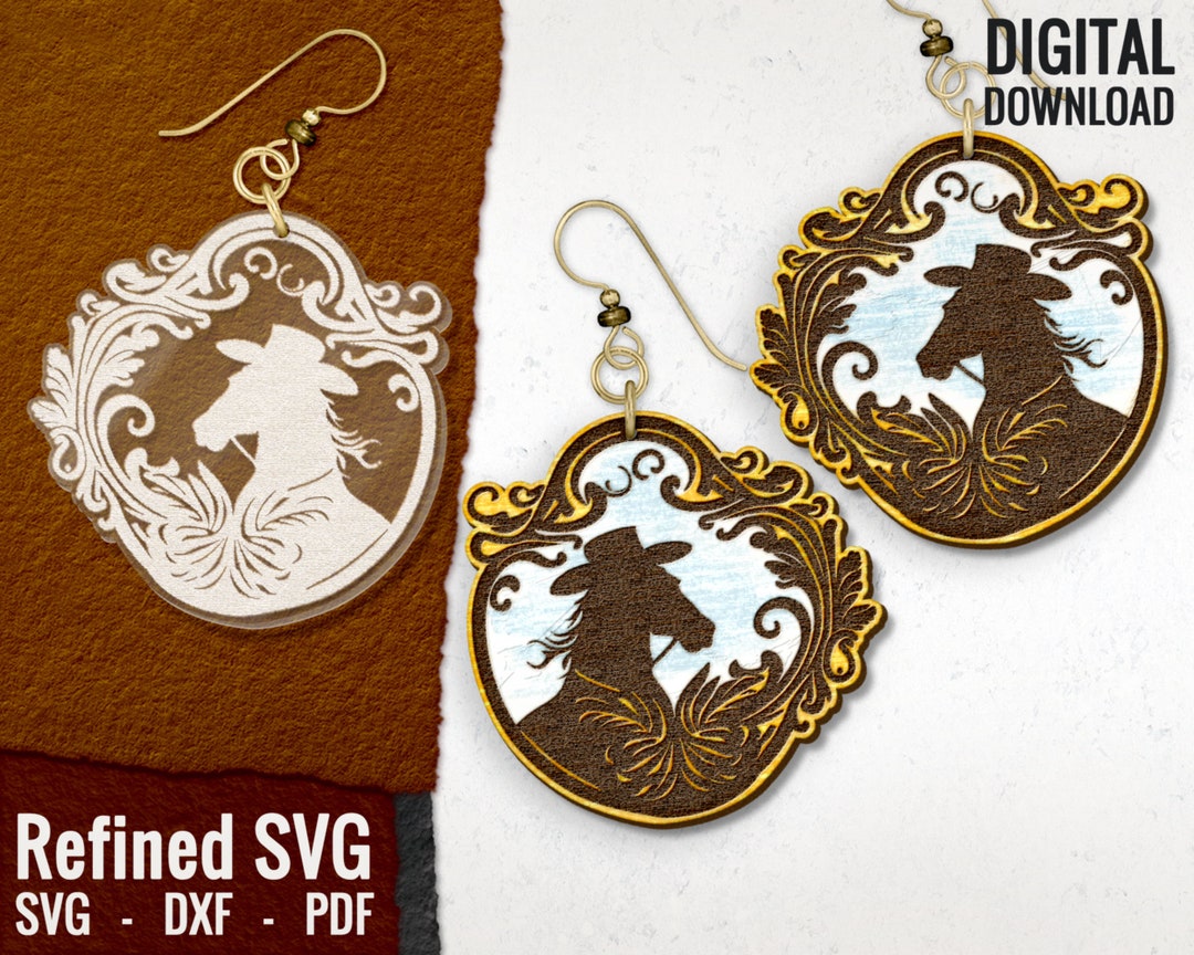 Horse With Cowboy Hat Earring SVG, Western Laser Engraved Earring File ...