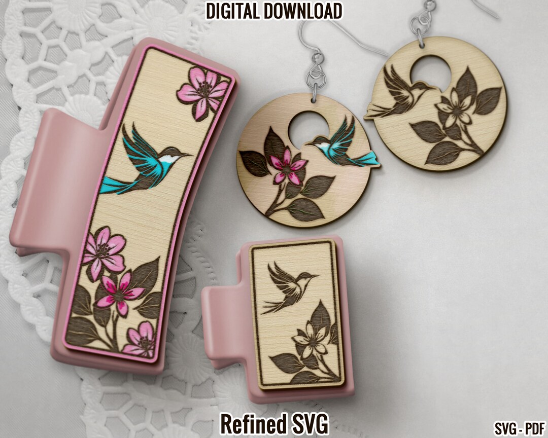 Hummingbird Hair Clip & Earring SVG Laser File Set (digital Download ...