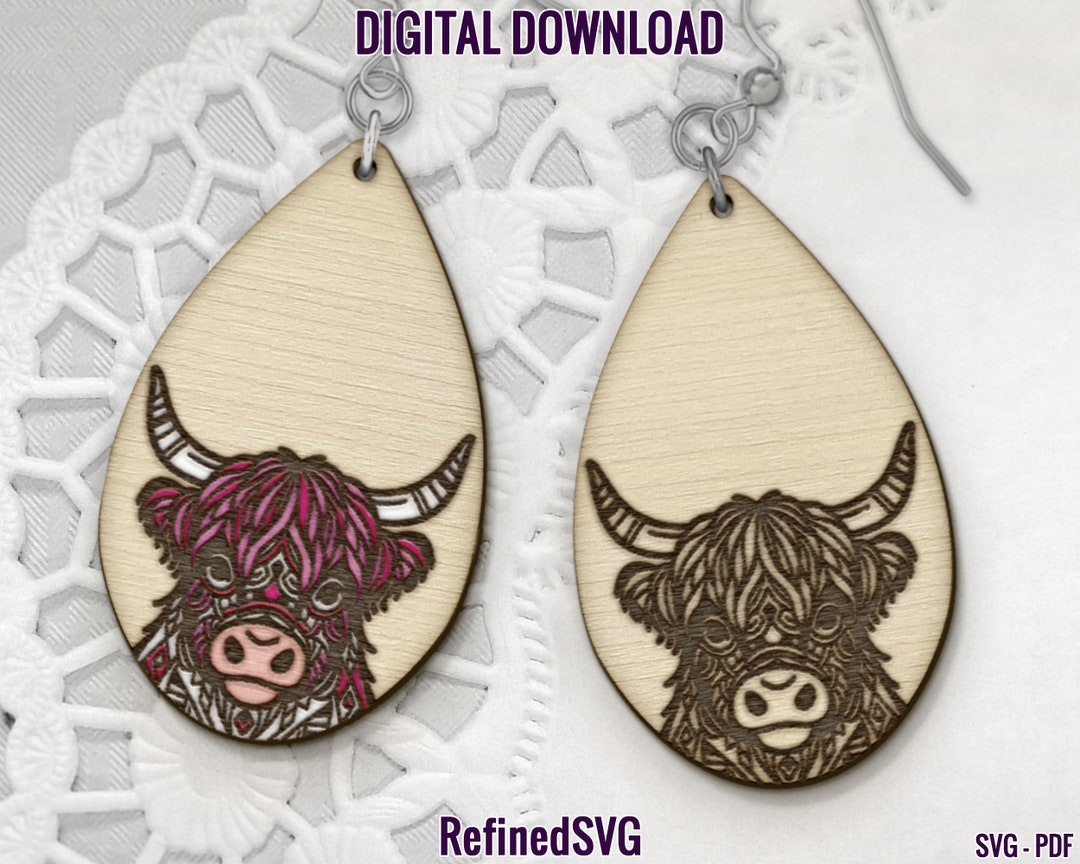 Highland Cow Earring SVG, Animal Laser Cut Earring File, Cow Wood ...