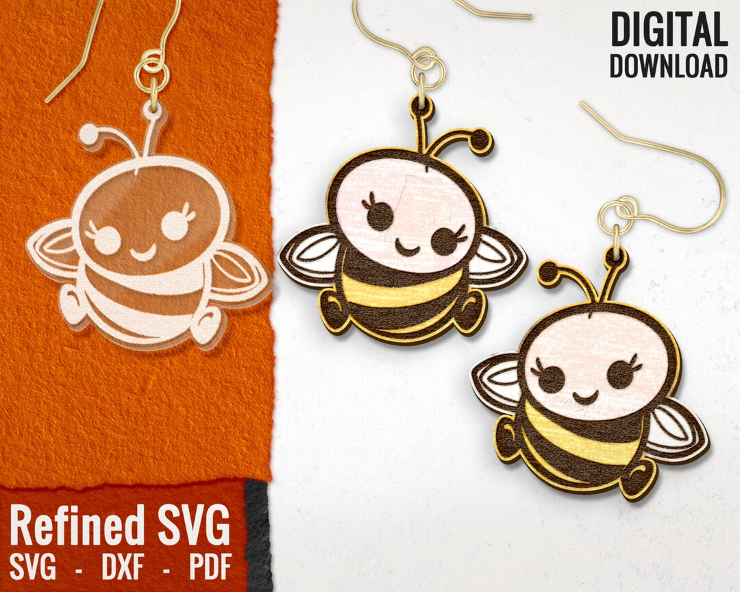 Cute Bee Earring SVG, Honeybee Laser Earring File, Bee Wood Earring SVG ...