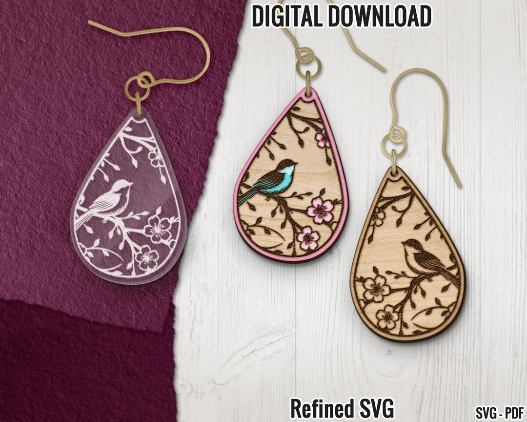 Bird Earring SVG, Spring Wood Earring SVG, Bird on a Branch Earring Cut ...