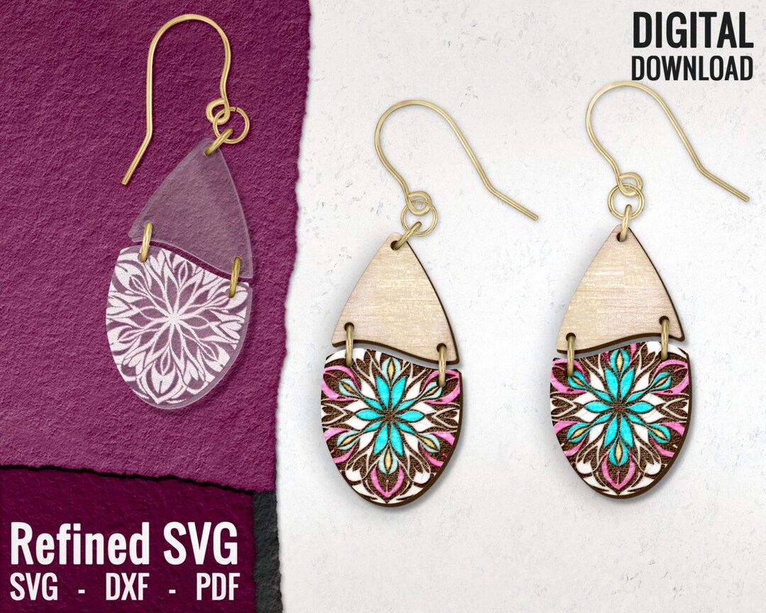 Mandala 2 Part Teardrop Earring SVG Engraved Mandala Wooden - Etsy