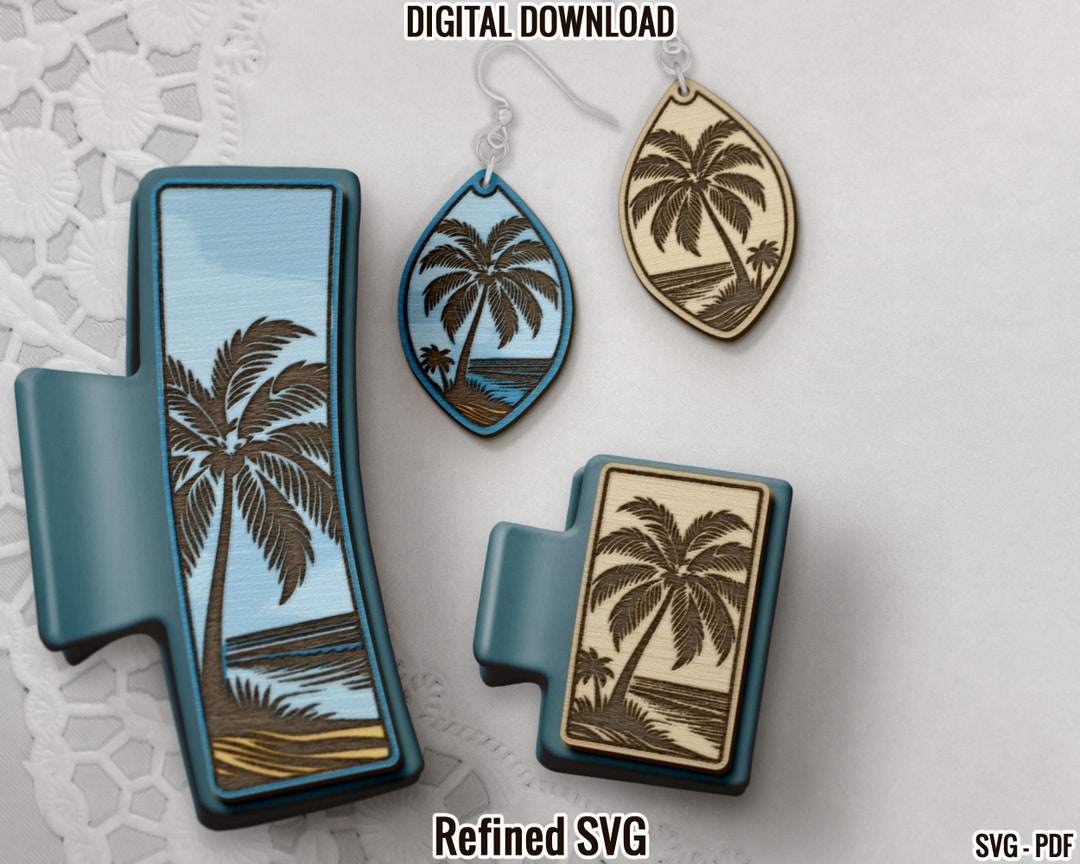 Beach Hair Clips SVG, Beach Earring File Set, Palm Hair Clip Laser File ...