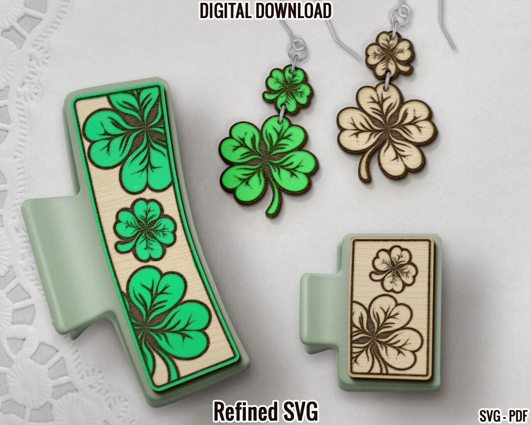 Clover Hair Clips SVG File, Matching Clover Earring File Set, Shamrock ...
