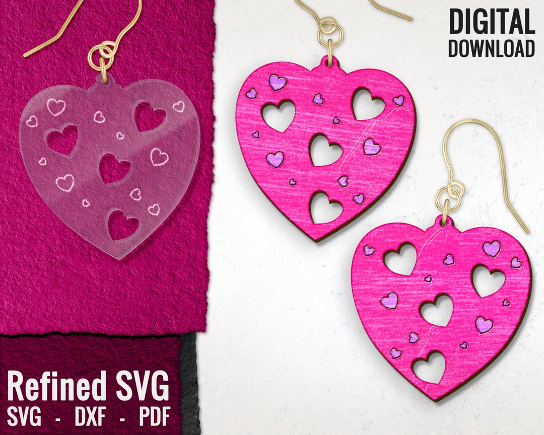 Heart Earring SVG, Heart Laser Engraved Digital Download, Valentine ...