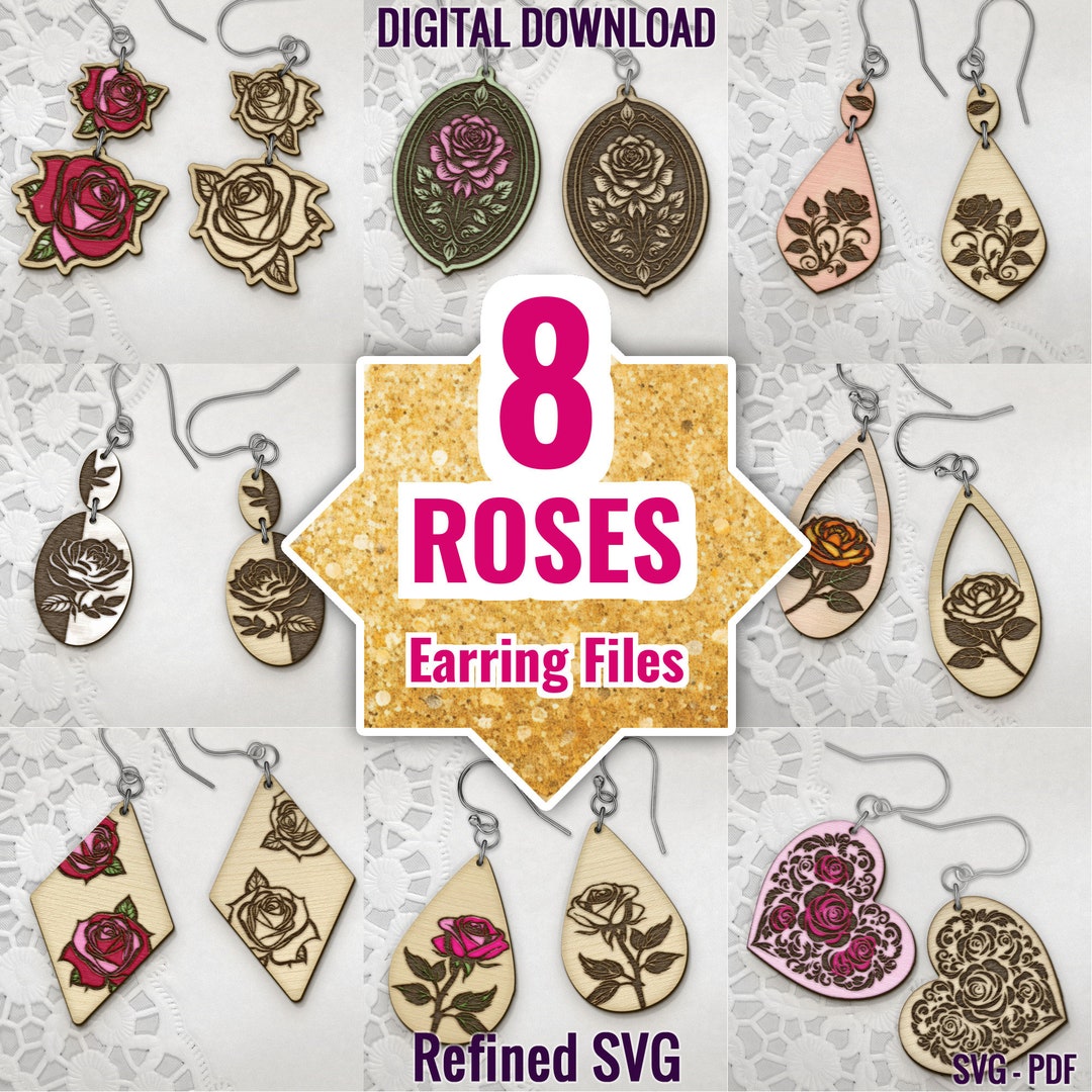 Roses Earring SVG Bundle, 8 Roses Earring Files, 8 Floral Cut Files for Laser, Flower Earring ...