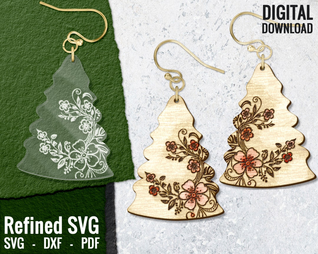 Floral Christmas Tree Earring SVG, Laser Engraved Earrings Digital ...