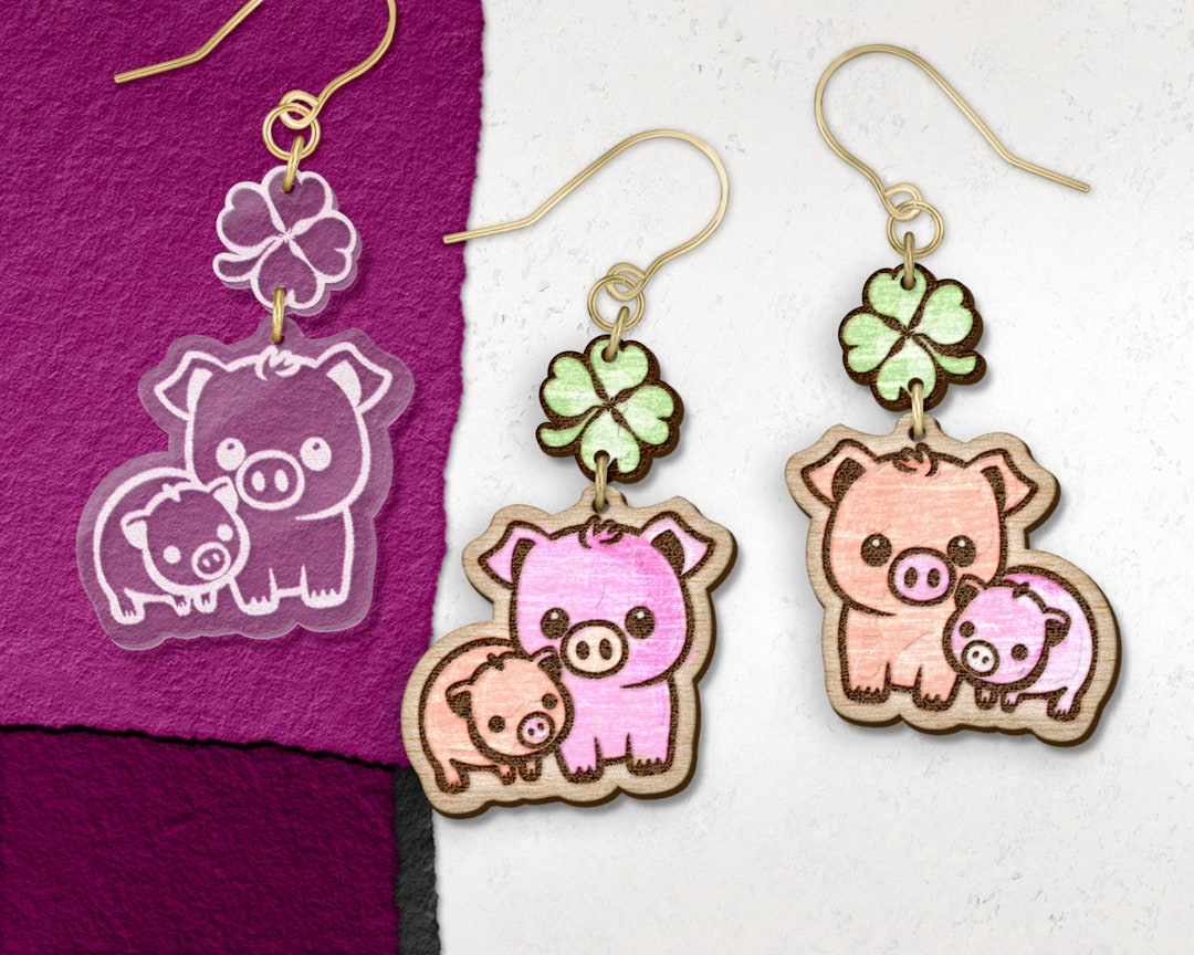 Lucky Pigs Earring SVG, Pig Laser Cut File, Laser Earring File, Wood ...