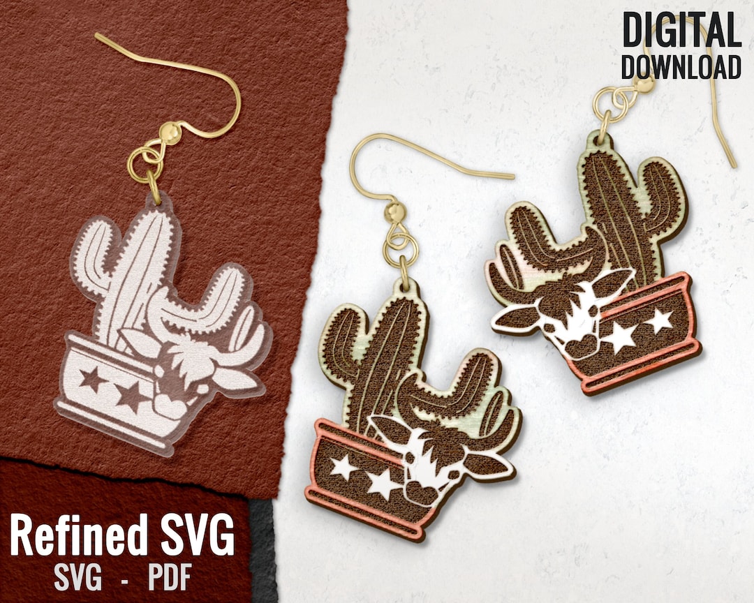 Cactus Cow Western Earring SVG, Cactus Pot Earring Laser Cut File ...