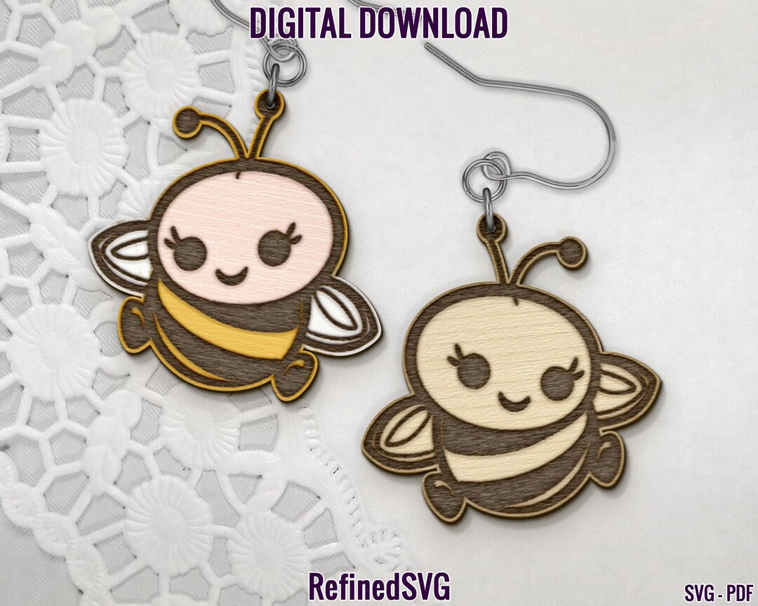 Cute Bee Earring SVG, Honeybee Laser Earring File, Bee Wood Earring SVG ...