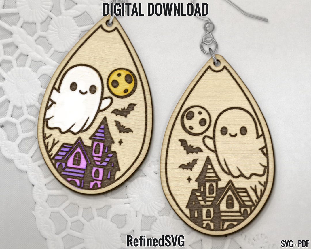 Ghost Earrings SVG, Halloween Laser Earring File, Haunted House Wood ...