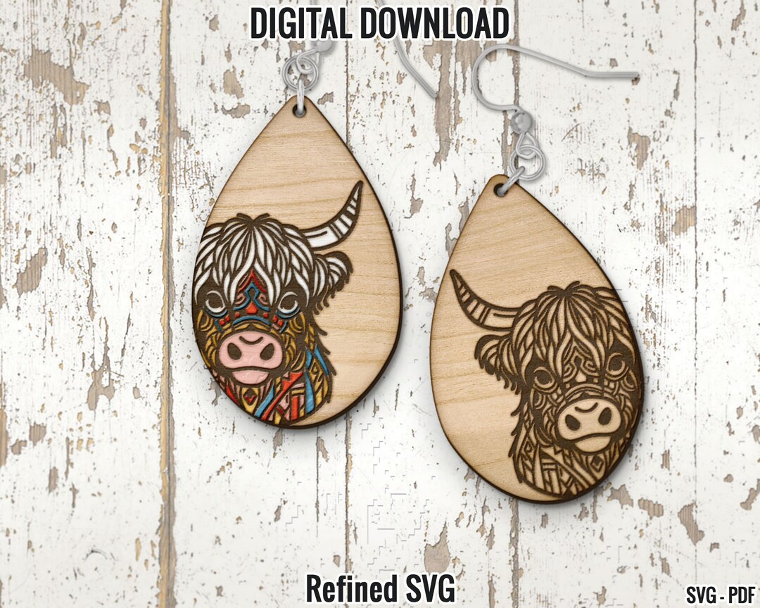 Highland Cow Earring SVG, Western Laser Cut Earring File, Cow Wood ...
