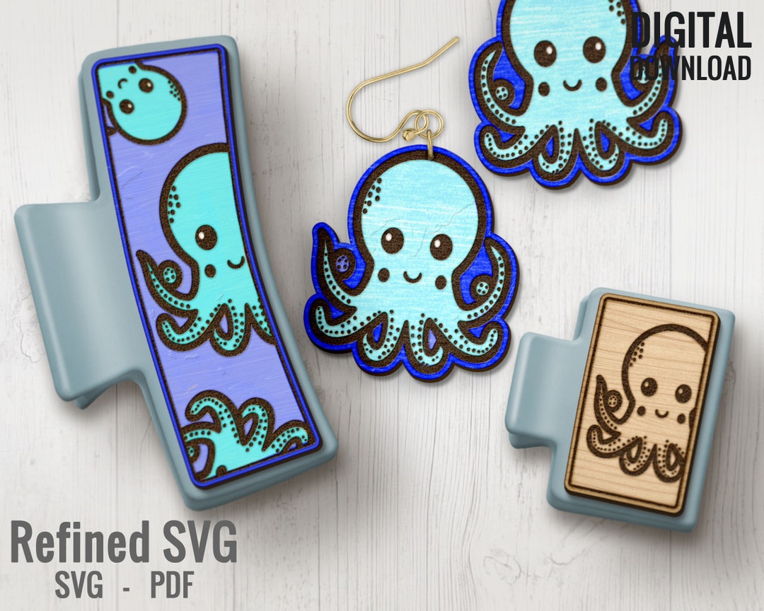 Octopus Hair Clips SVG + Matching Earring File Set, Octopus Hair Clip ...
