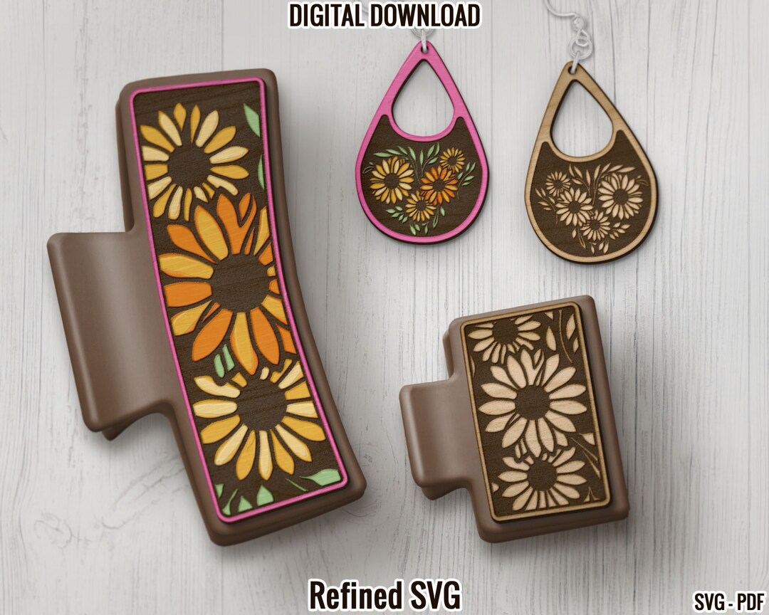 Sunflower Reverse Hair Clips SVG, Matching Earring File Set, Sunflower ...