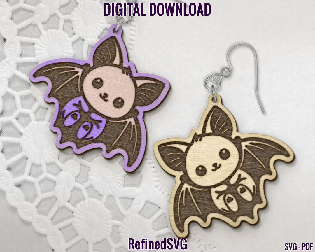 Cute Bat Earring SVG, Bat Laser Earring File, Halloween Wood Earring ...