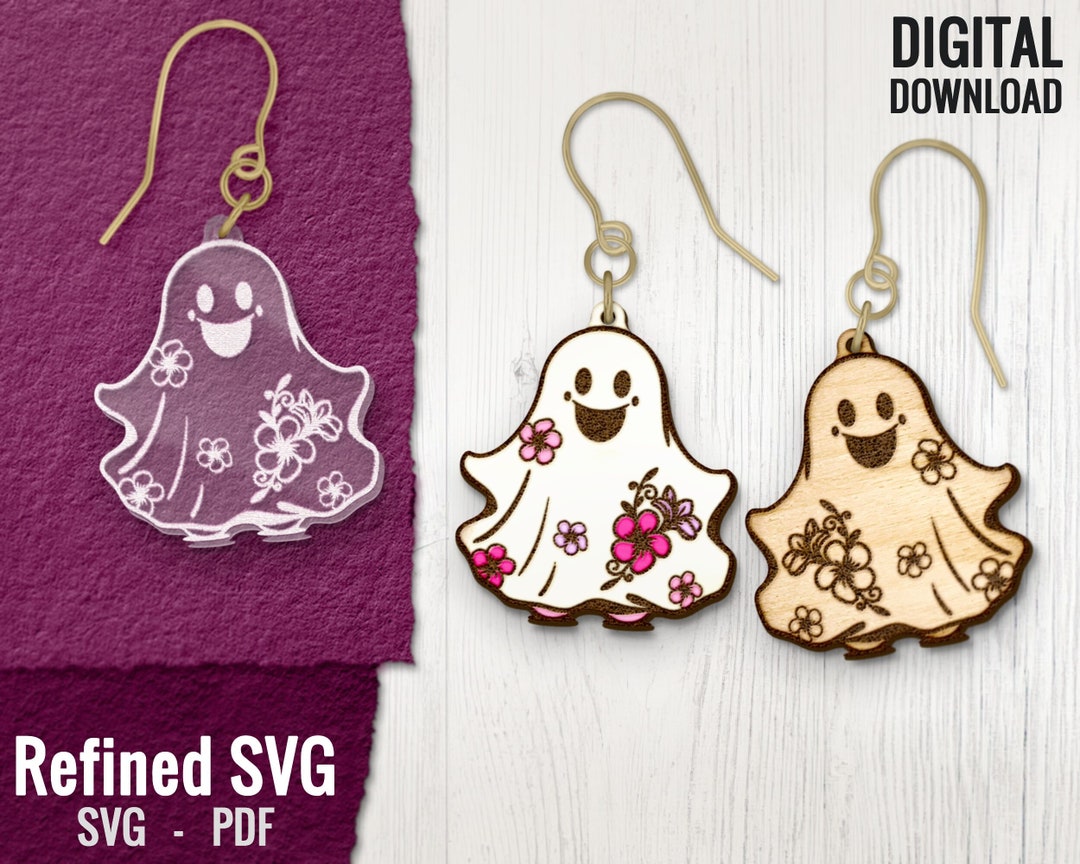Floral Ghost Earrings SVG, Ghost Laser Earring File, Ghost With Flowers ...