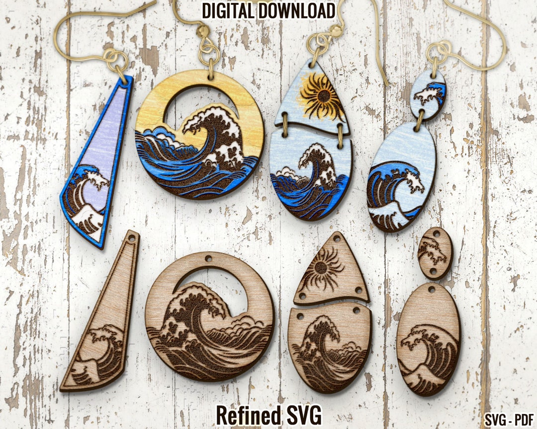 Wave Earrings SVG Bundle, 4 Pairs of Waves Earring Files, Ocean Laser ...