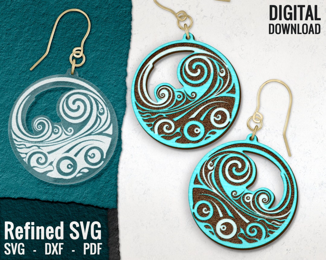 Waves Round Earring SVG File, Ocean Wood Earring SVG, Wave Earring Cut ...