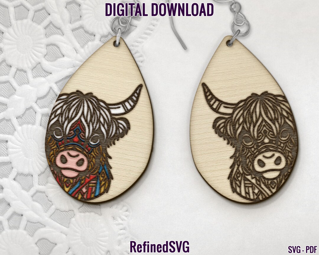 Highland Cow Earring SVG, Western Laser Cut Earring File, Cow Wood ...