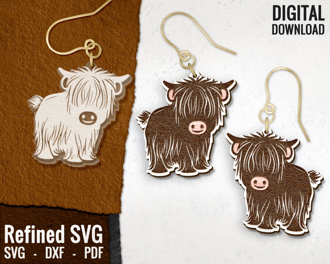 Cute Highland Cow Earring SVG, Animal Laser Cut Earring File, Wood ...