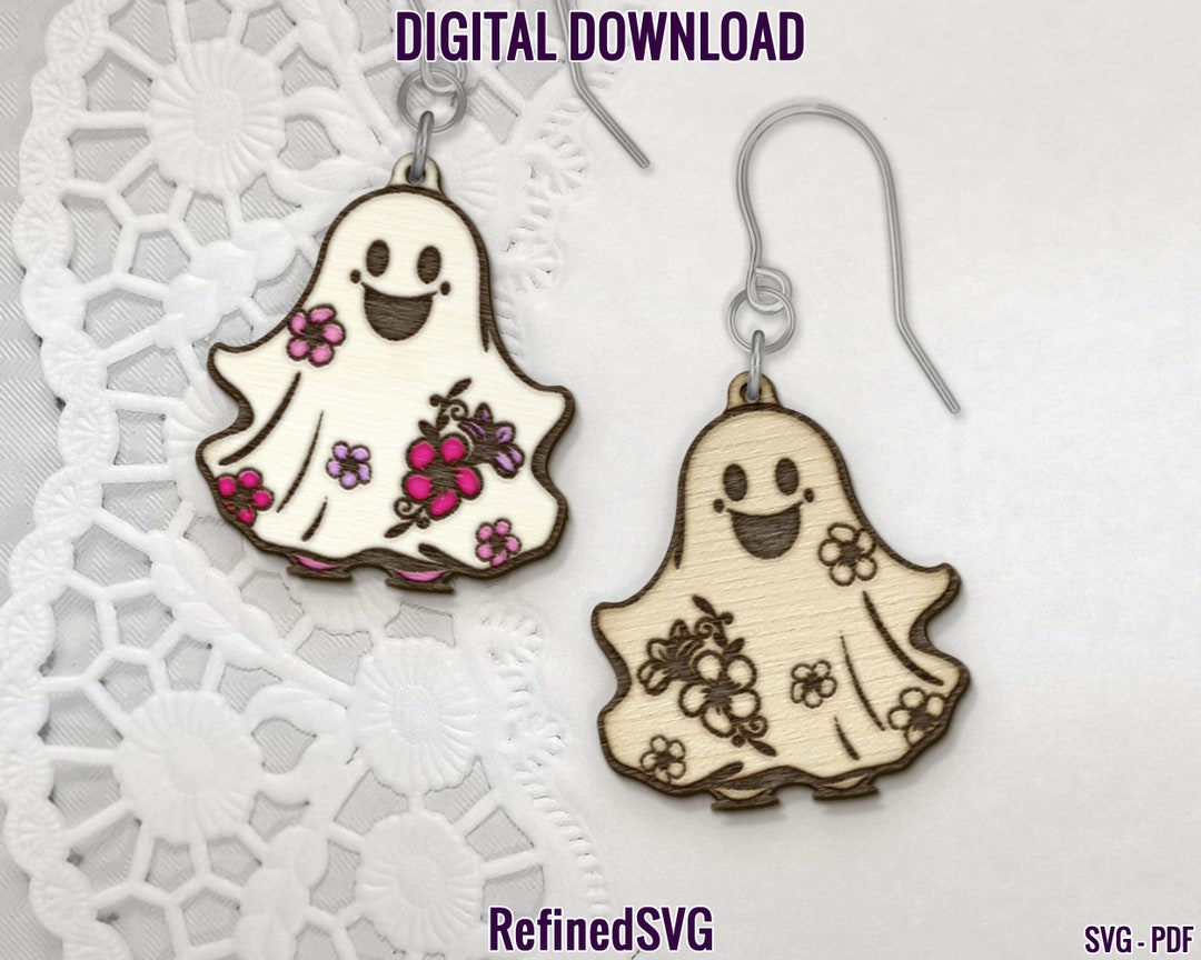 Floral Ghost Earrings SVG, Ghost Laser Earring File, Ghost With Flowers ...