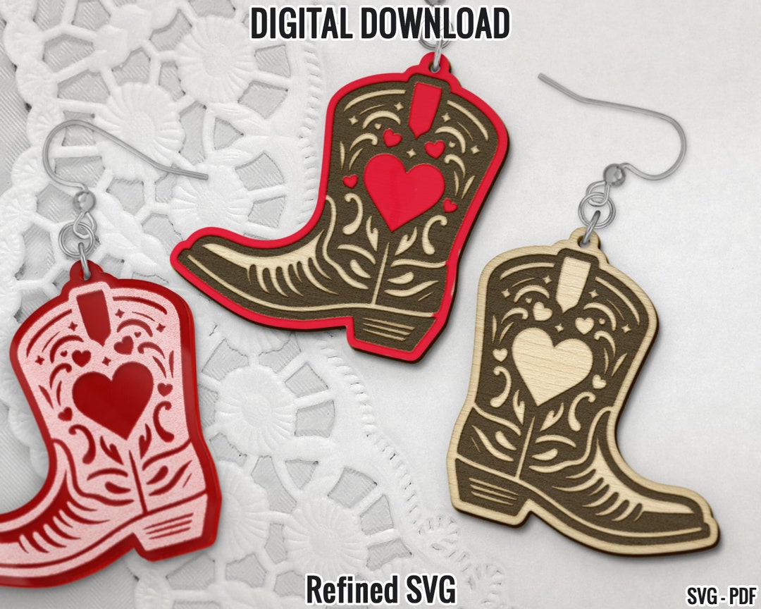 Cowboy Boots Heart Earring SVG, Western Earring Laser Cut File, Western ...