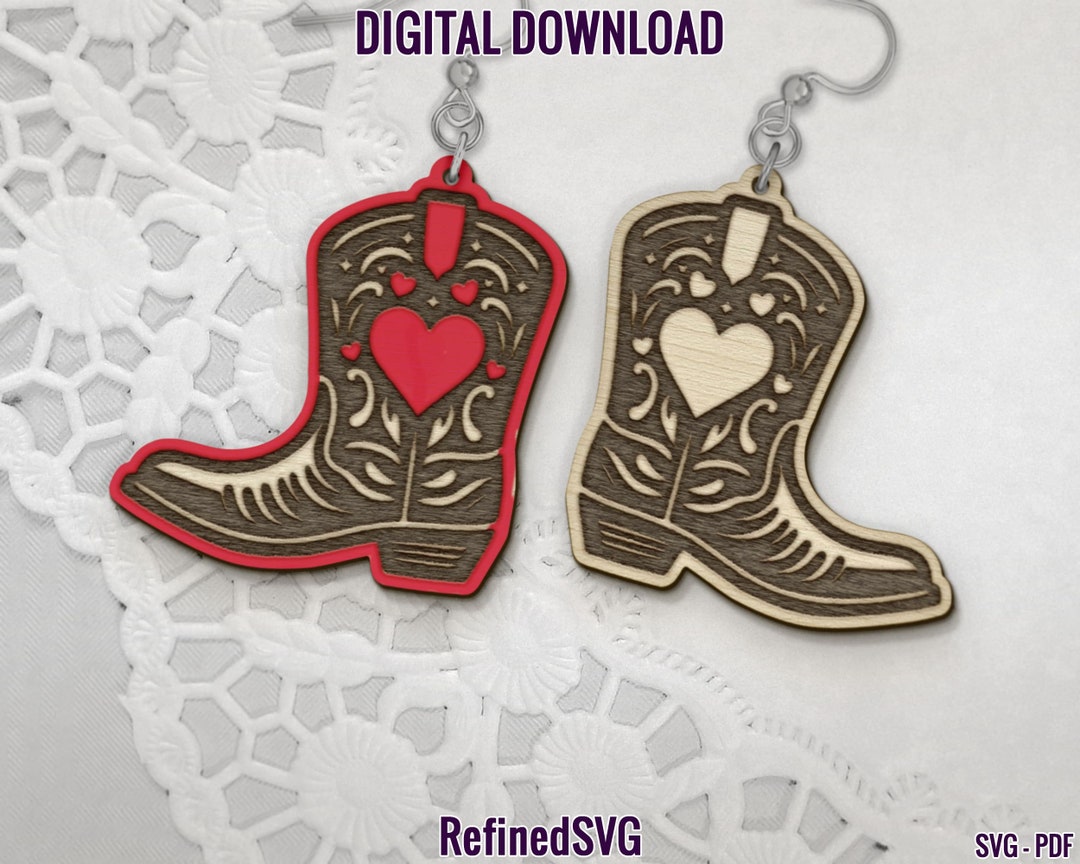 Cowboy Boots Heart Earring SVG: Western Laser Cut File (digital ...