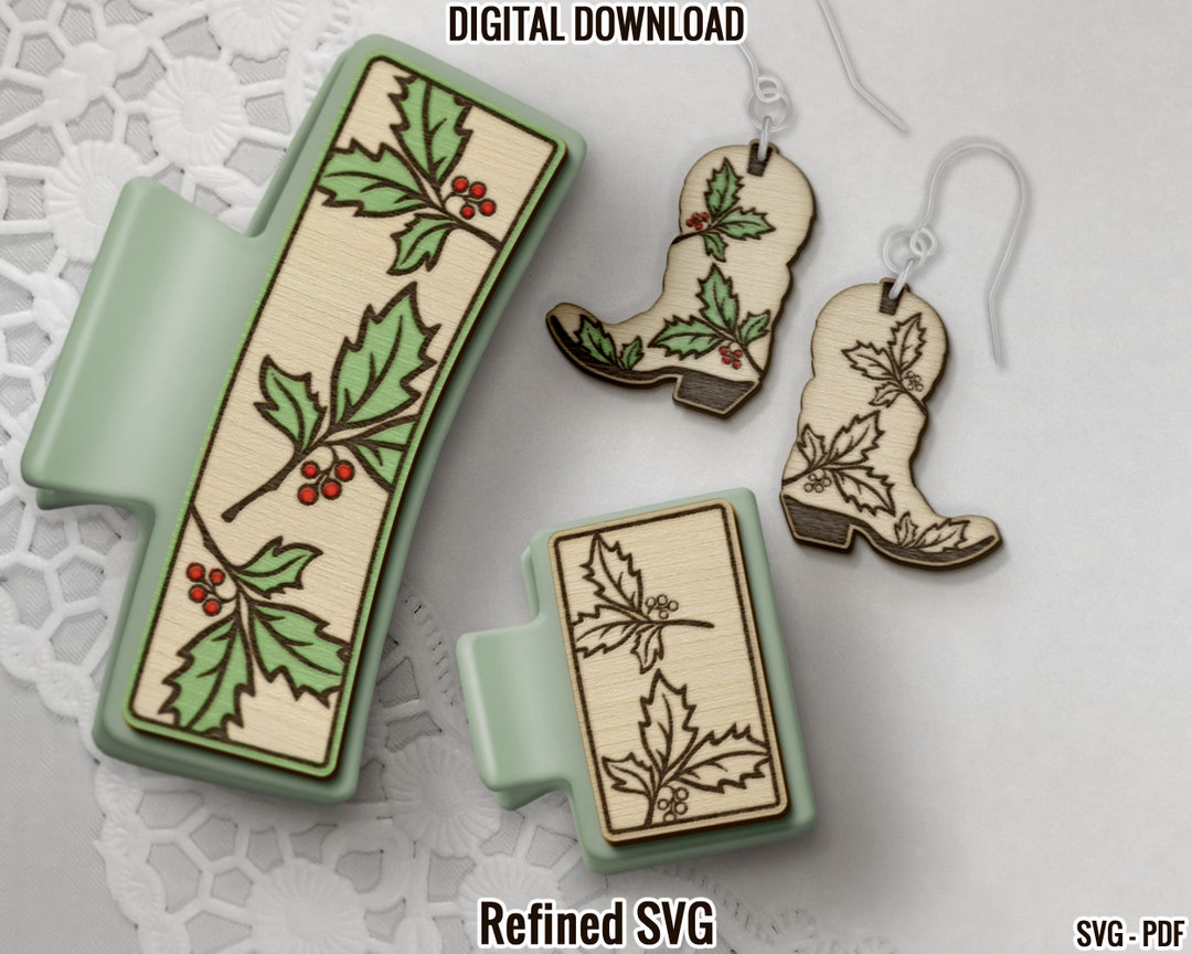 Mistletoe Hair Clip and Earrings SVG Set for Laser Cutter, Christmas ...