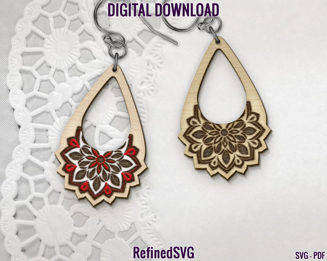 Teardrop Mandala Earring SVG: Engraved Wood, Laser Cut File (digital ...