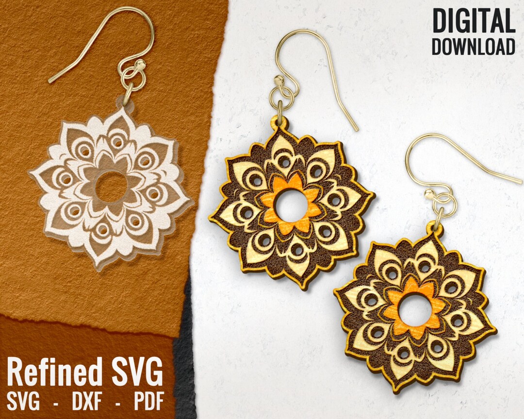 Floral Mandala Earring SVG, Mandala Laser Earring File, Flower Wood ...