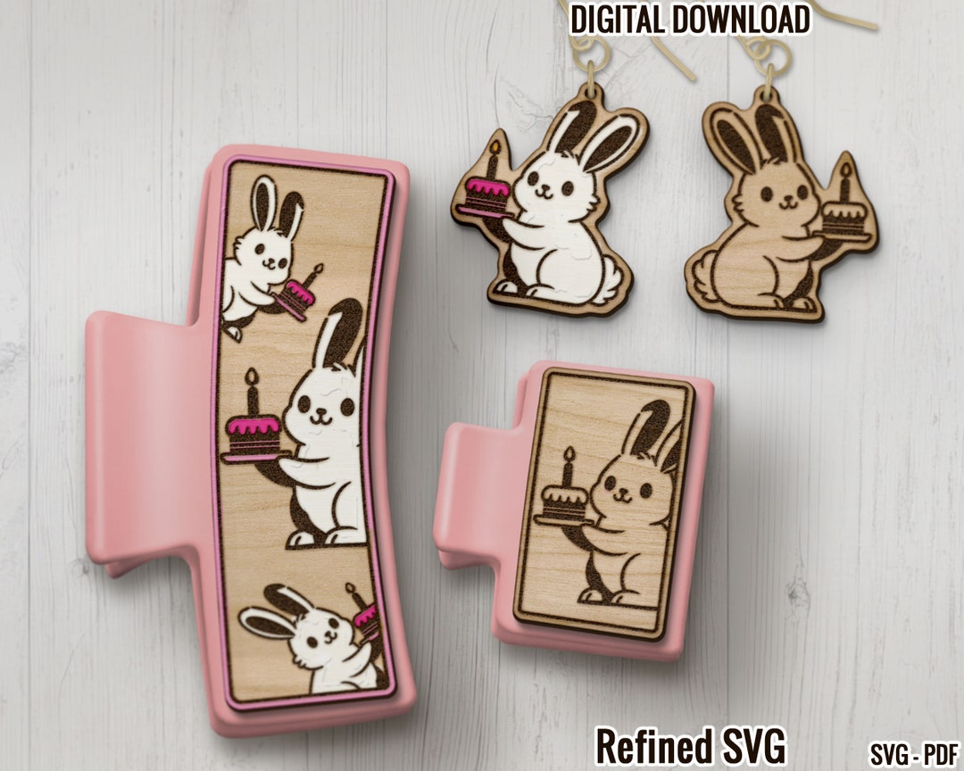 Birthday Hair Clips SVG File, Matching Birthday Earrings, Rabbit ...