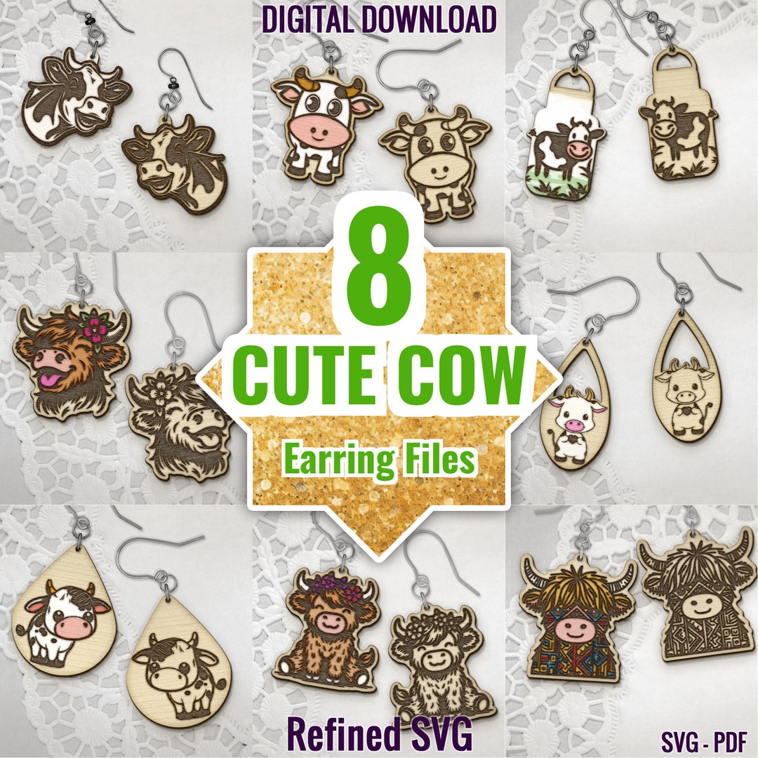 Cute Cow Earring SVG Bundle, 8 Cute Cow Earring Files, Cow Earring SVG ...