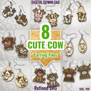 Cute Cow Earring SVG Bundle, 8 Cute Cow Earring Files, Cow Earring SVG ...