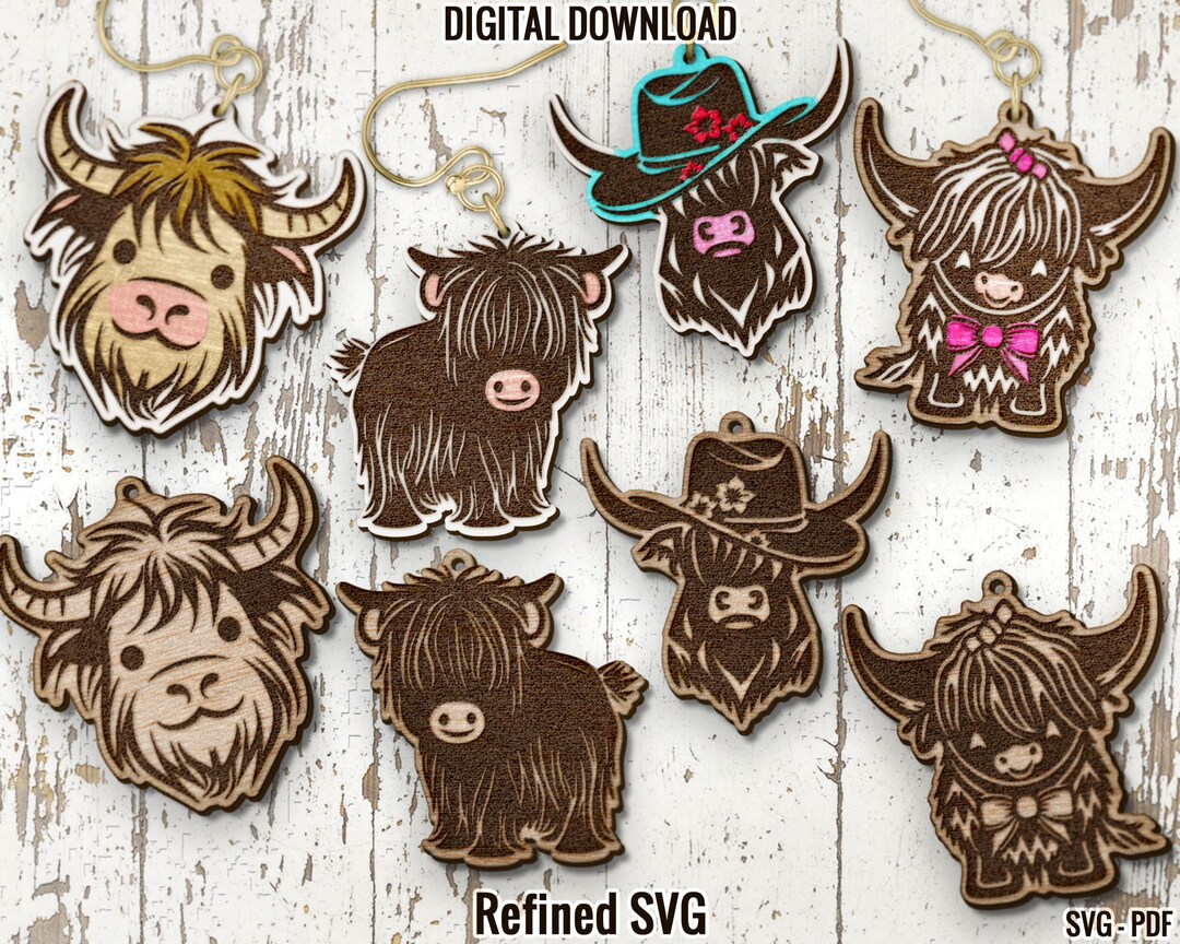 Highland Cow Earrings SVG Bundle, 4 Pairs of Highland Cow Earring Files ...