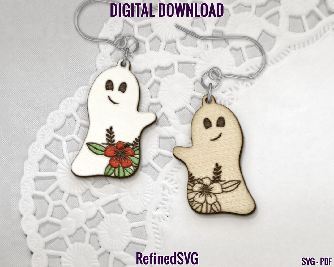 Ghost Earrings SVG, Ghost With a Flower Laser Earring File, Ghost Wood ...