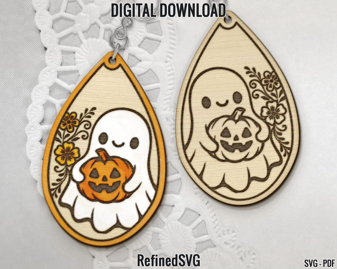 Cute Ghost Earrings SVG, Ghost Laser Earring File, Pumpkin Wood Earring ...