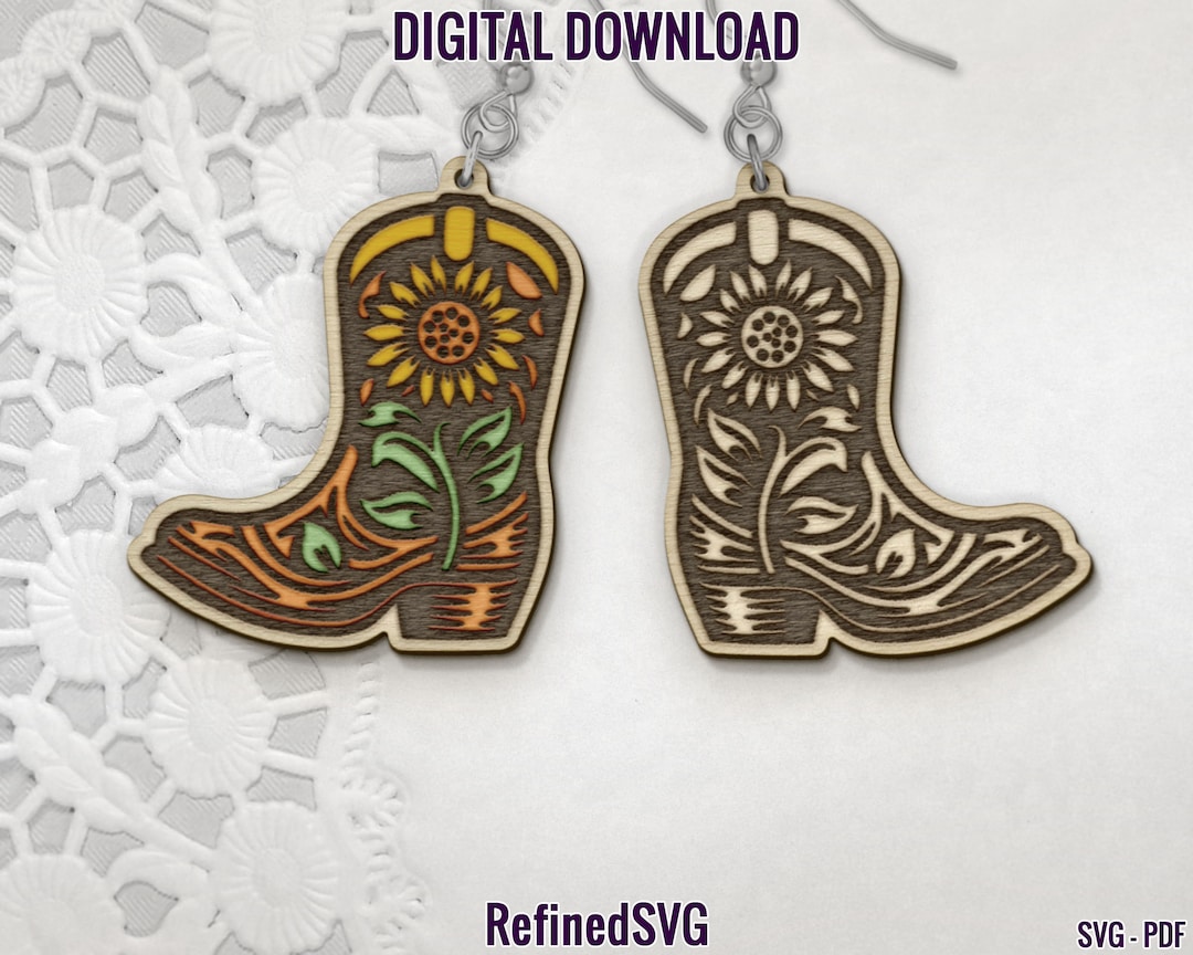Cowboy Boots Sunflower Earring SVG, Line Dance Earring Laser Cut File ...