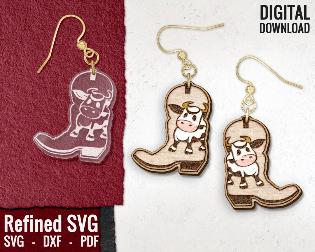 Cowboy Boots With Cute Cow Earring SVG, Western Earring Laser Cut File ...