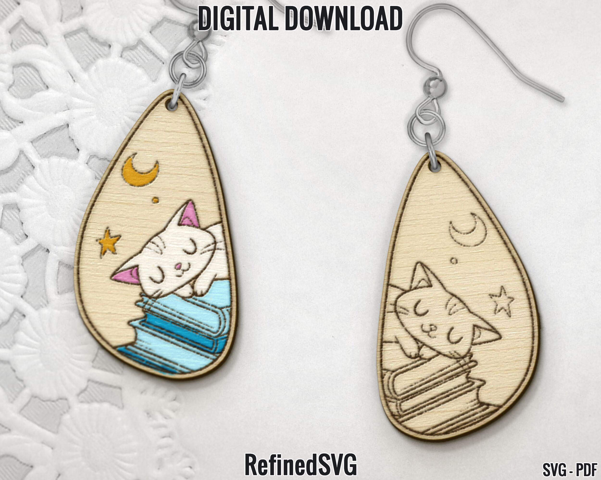 Cat and Books Earring SVG: School Earrings Files (digital Download) - Etsy