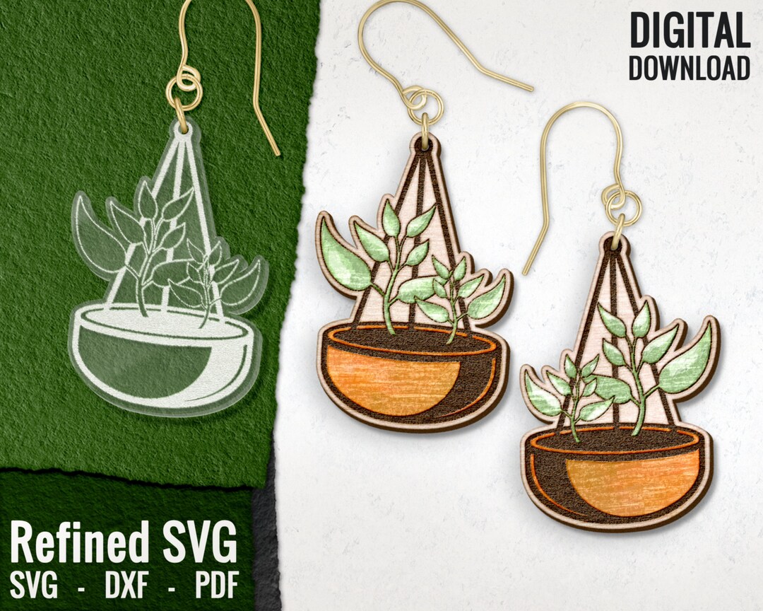 Plant Hanging Basket Earring SVG, Houseplant Wood Earring SVG, Floral ...