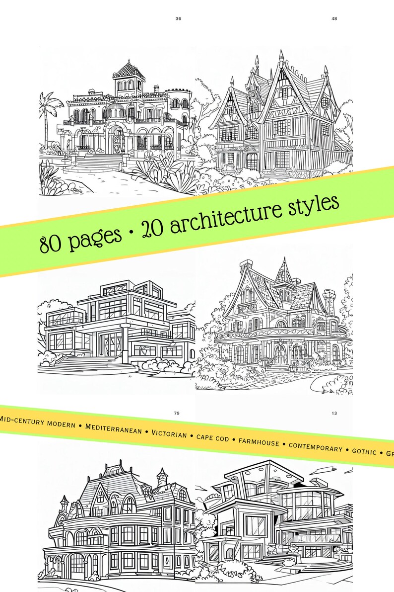 Digital Coloring Book Houses & Mansions • 80 Pages • 20 Architecture ...