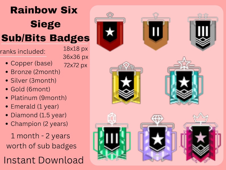 Rainbow Six Siege Ranked Twitch/kick Sub/bits Badges - Etsy