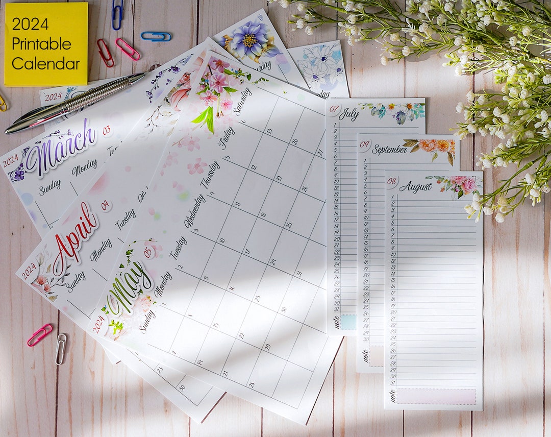 2024 Printable Calendar, PDF Flower Calendar, 2024 Monthly Calendars ...