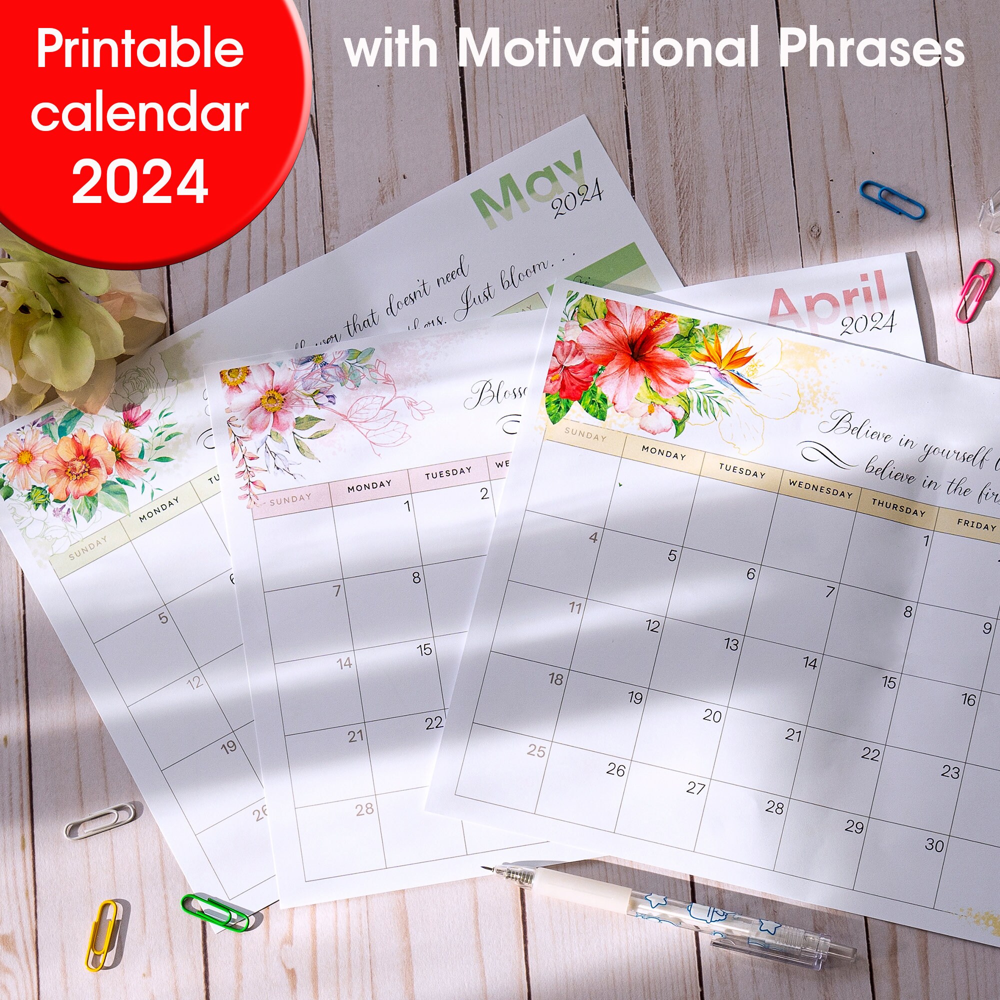 2024 Printable Calendar 2024 With Motivational Quotes Planner PDF ...