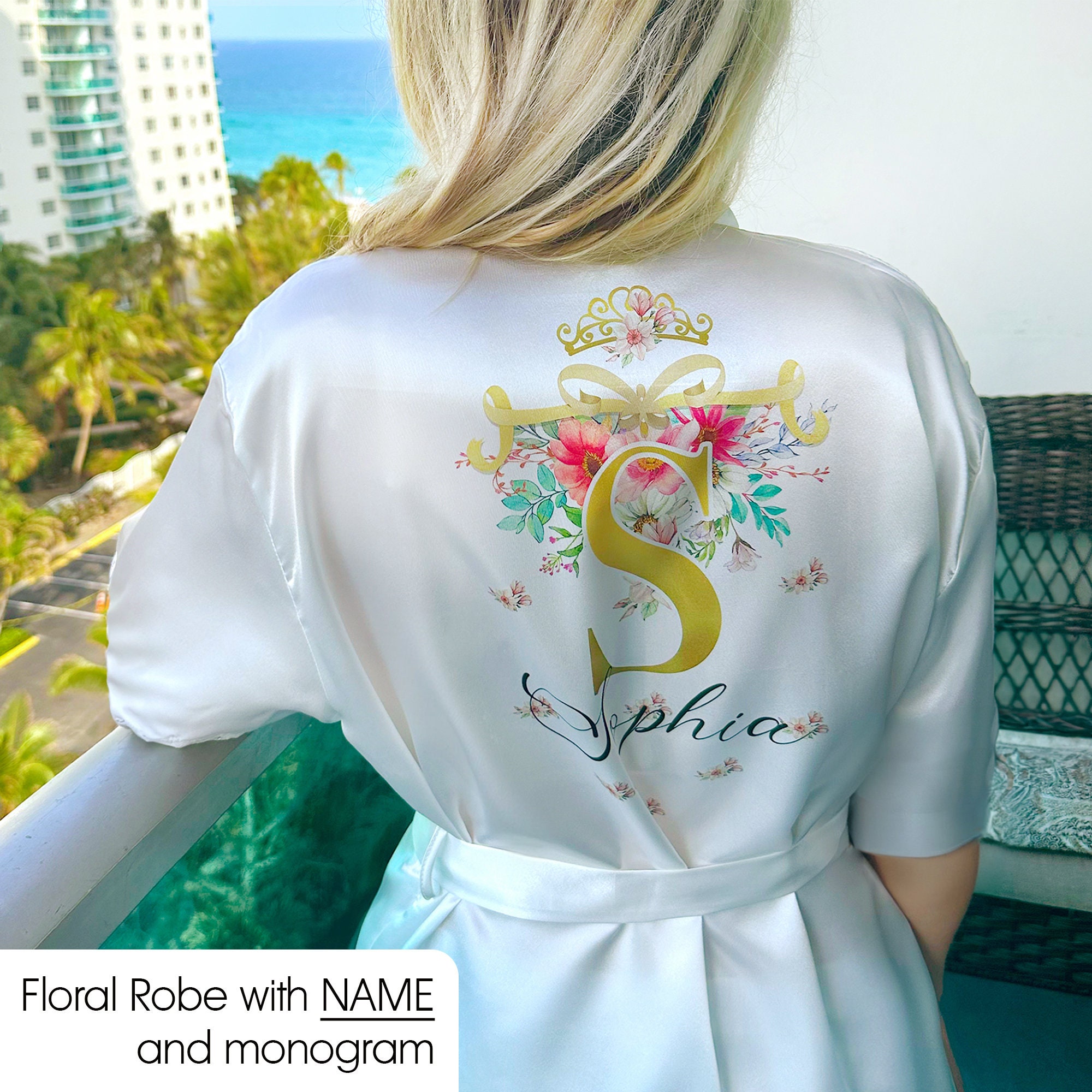 Monogram Silk Floral Kimono Robe for Womens Spa Gift Personalized Satin ...