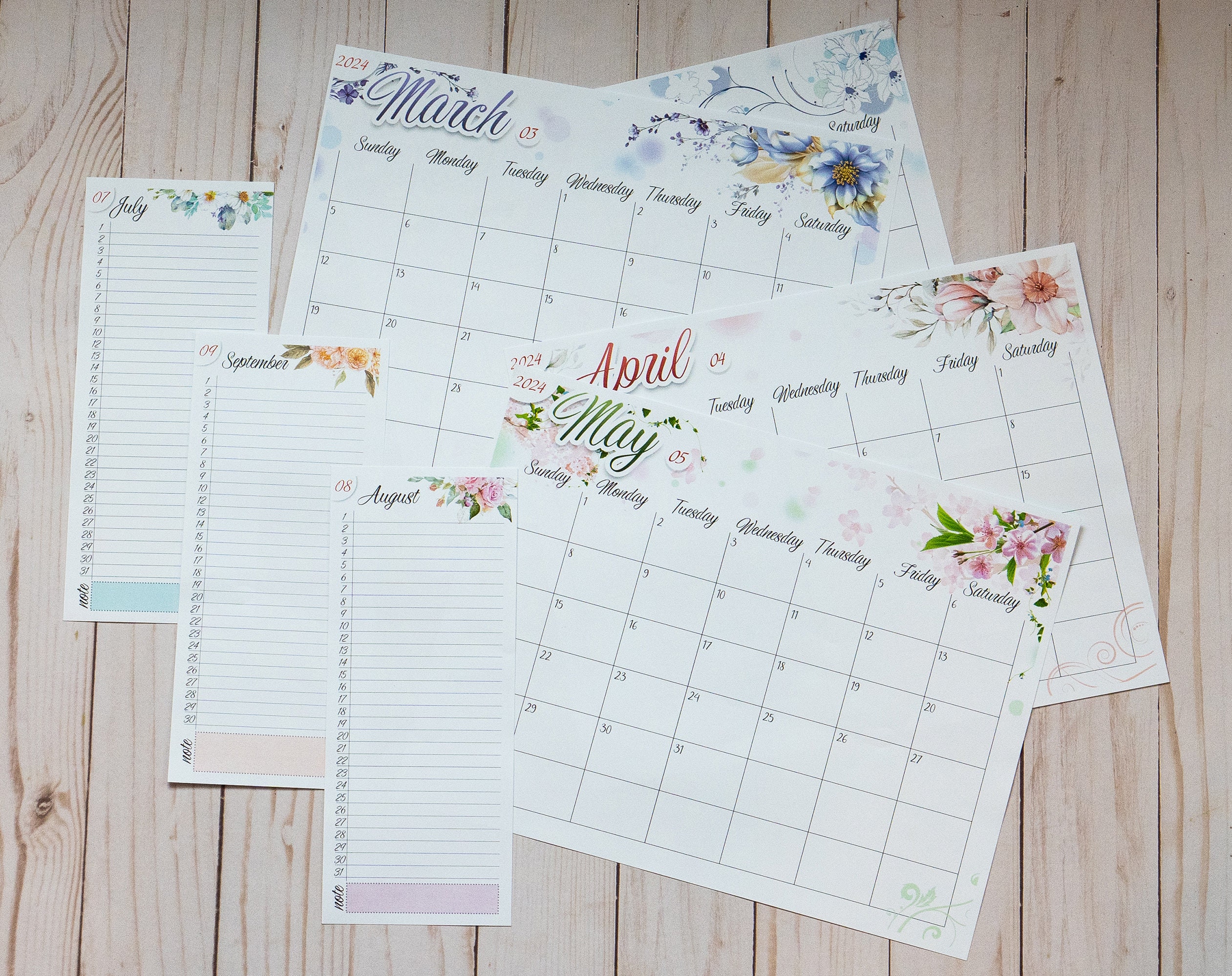 2024 Printable Calendar 2024 Planner PDF Flower 2024 Monthly Calendars ...